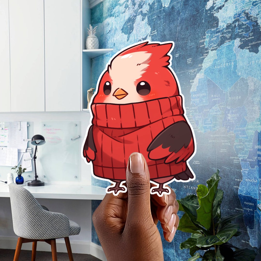 Cute Red Cardinal Sticker Winter Bird in Cozy Scarf Premium Vinyl Decal ...