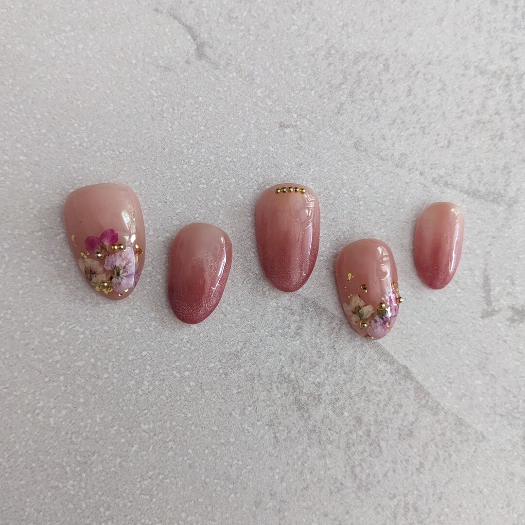 Pink Pressed Flower Press on Nails | Cottage Core Nails | Rainbow ...