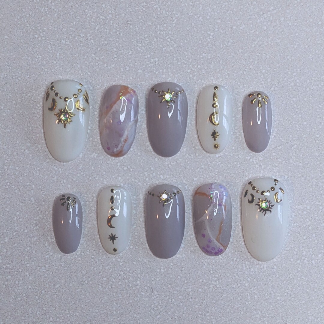 Lavender Celestial Nails Press on Nails | Gold Sun and Stars Nails ...