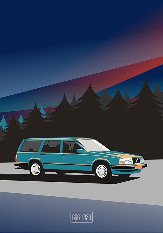 Volvo 940 Wagon Car Night Northern Light Digital Poster, Vector ...