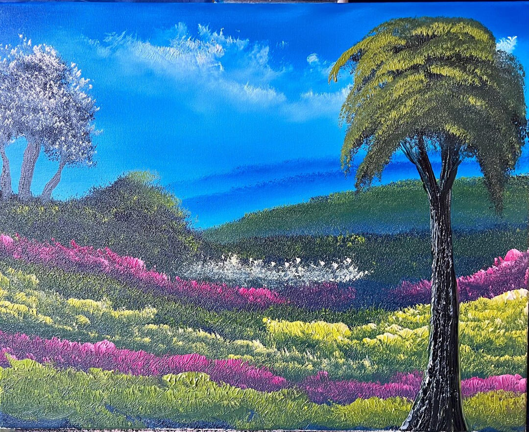 Original Bob Ross Style Oil Painting Landscape | Peaceful Meadow Hills ...