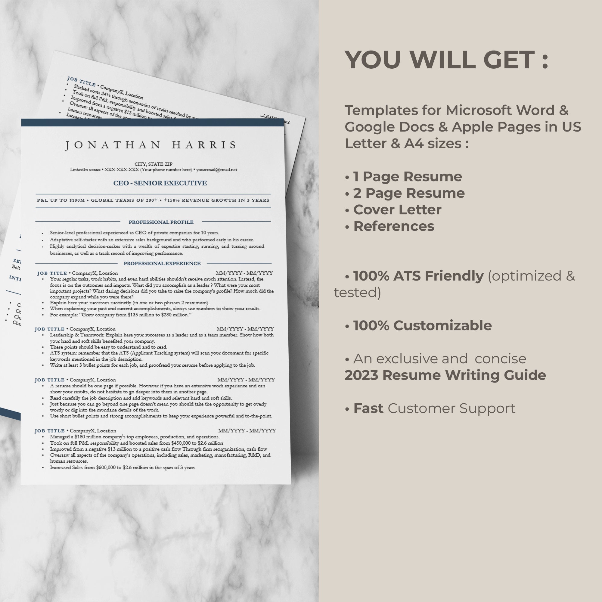 ATS Resume Template for Word, Google Docs & Apple Page ATS Friendly ...