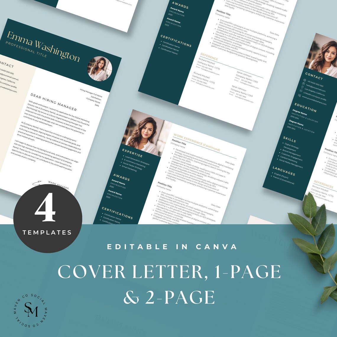 CV Template, Editable in Canva, 1 Page CV Canva, Teal, Professional ...