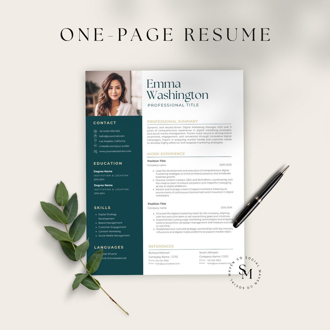 CV Template, Editable in Canva, 1 Page CV Canva, Teal, Professional ...