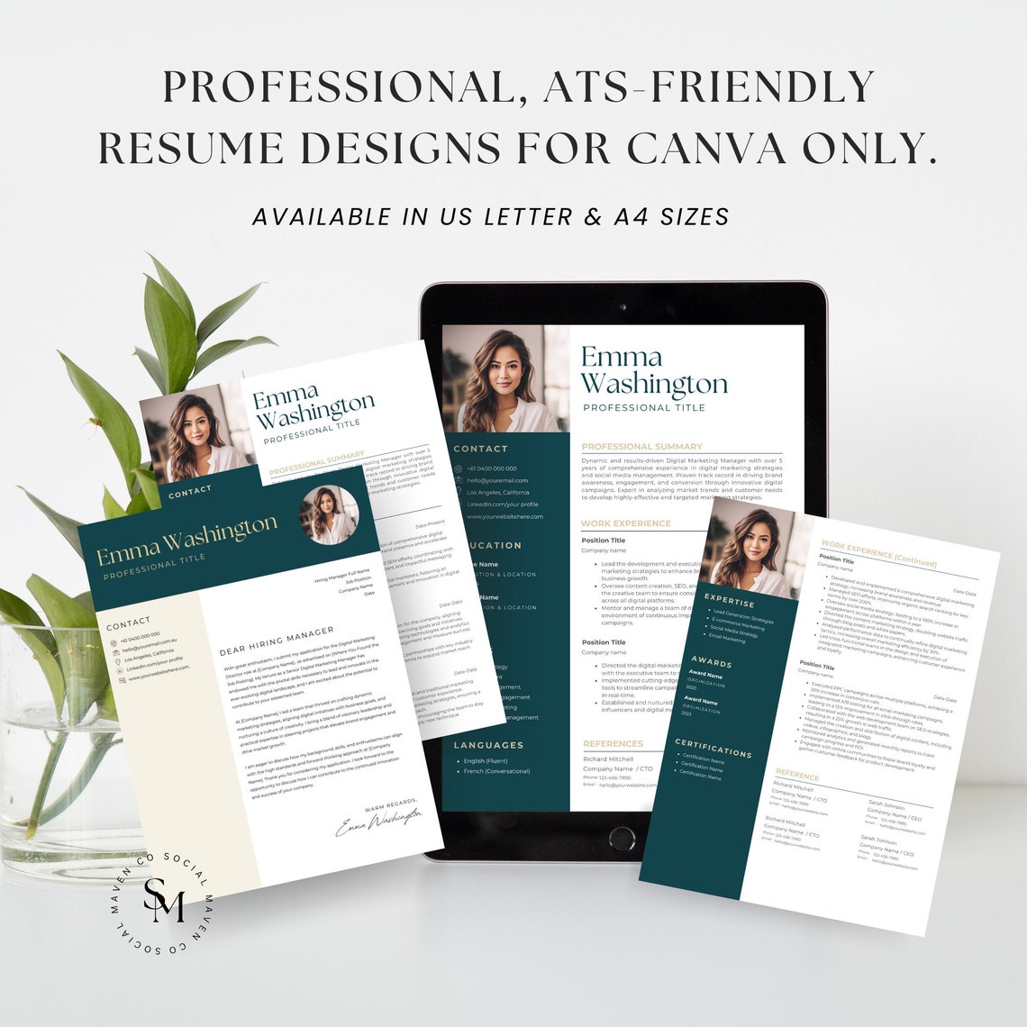 CV Template, Editable in Canva, 1 Page CV Canva, Teal, Professional Resume Template, ATS ...
