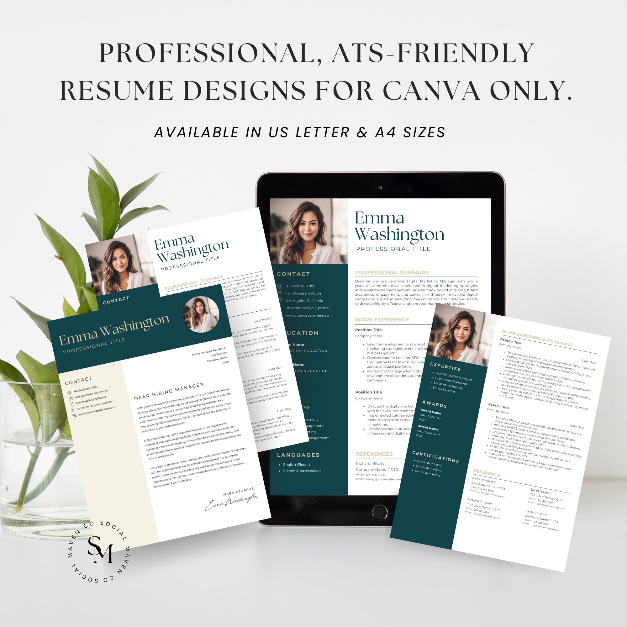 CV Template, Editable in Canva, 1 Page CV Canva, Teal, Professional ...