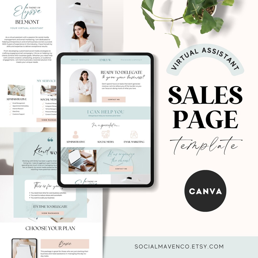Canva Sales Page Template for Virtual Assistants, Mint Green, Canva ...