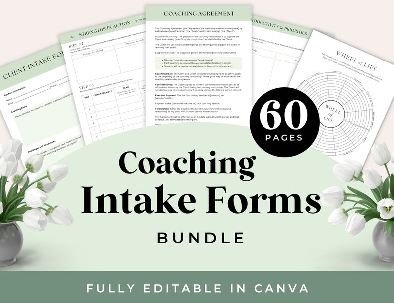 Coaching Intake Forms | 60 Green Coach Canva Templates | Coach ...