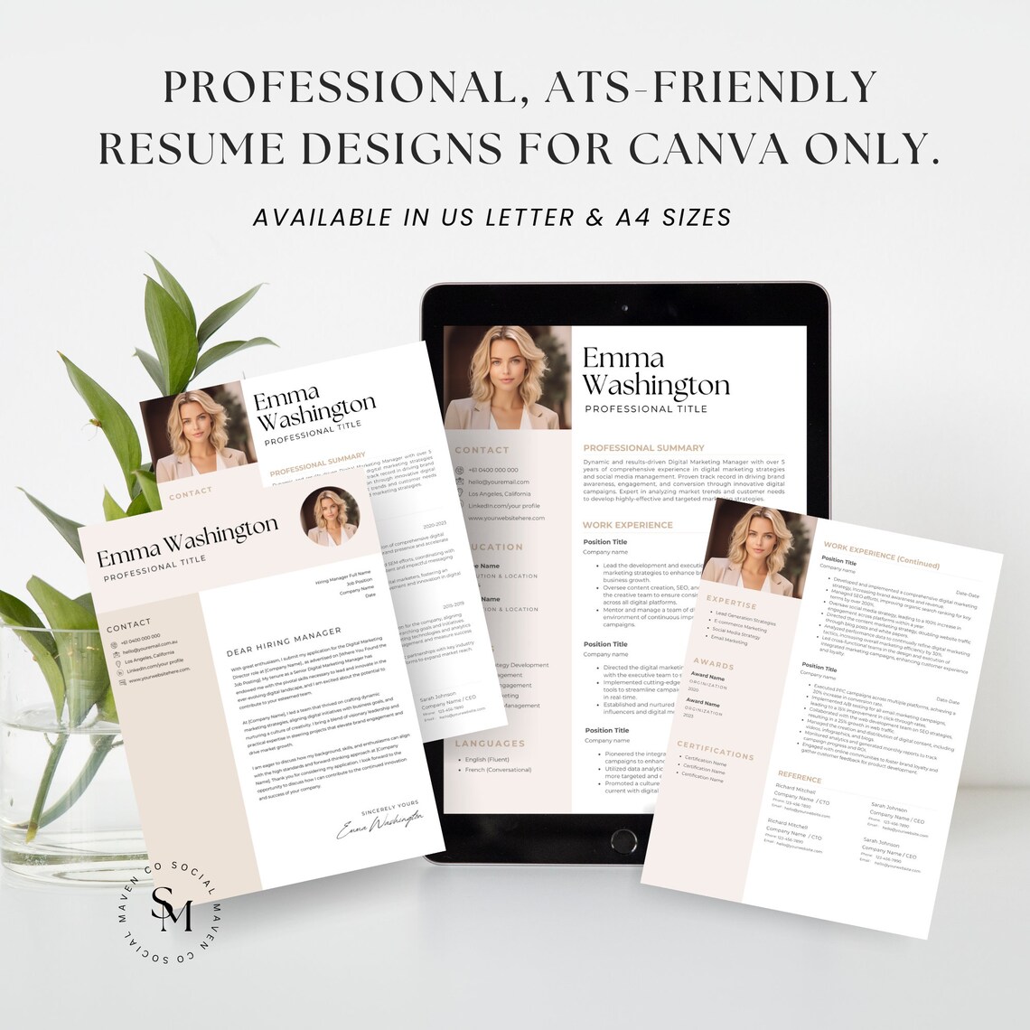 CV Template, Editable in Canva, 1 Page CV Canva, Beige, Professional ...