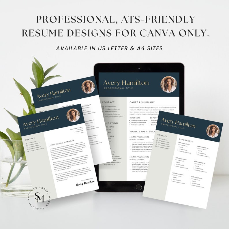 CV Template, Editable in Canva, 1 Page CV Canva, Blue, Professional ...