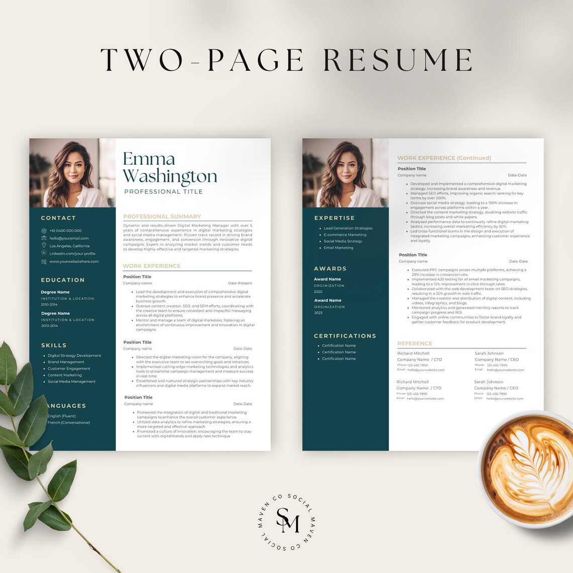 CV Template, Editable in Canva, 1 Page CV Canva, Teal, Professional Resume Template, ATS ...