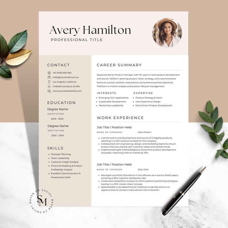CV Template, Editable in Canva, 1 Page CV Canva, Beige, Professional ...