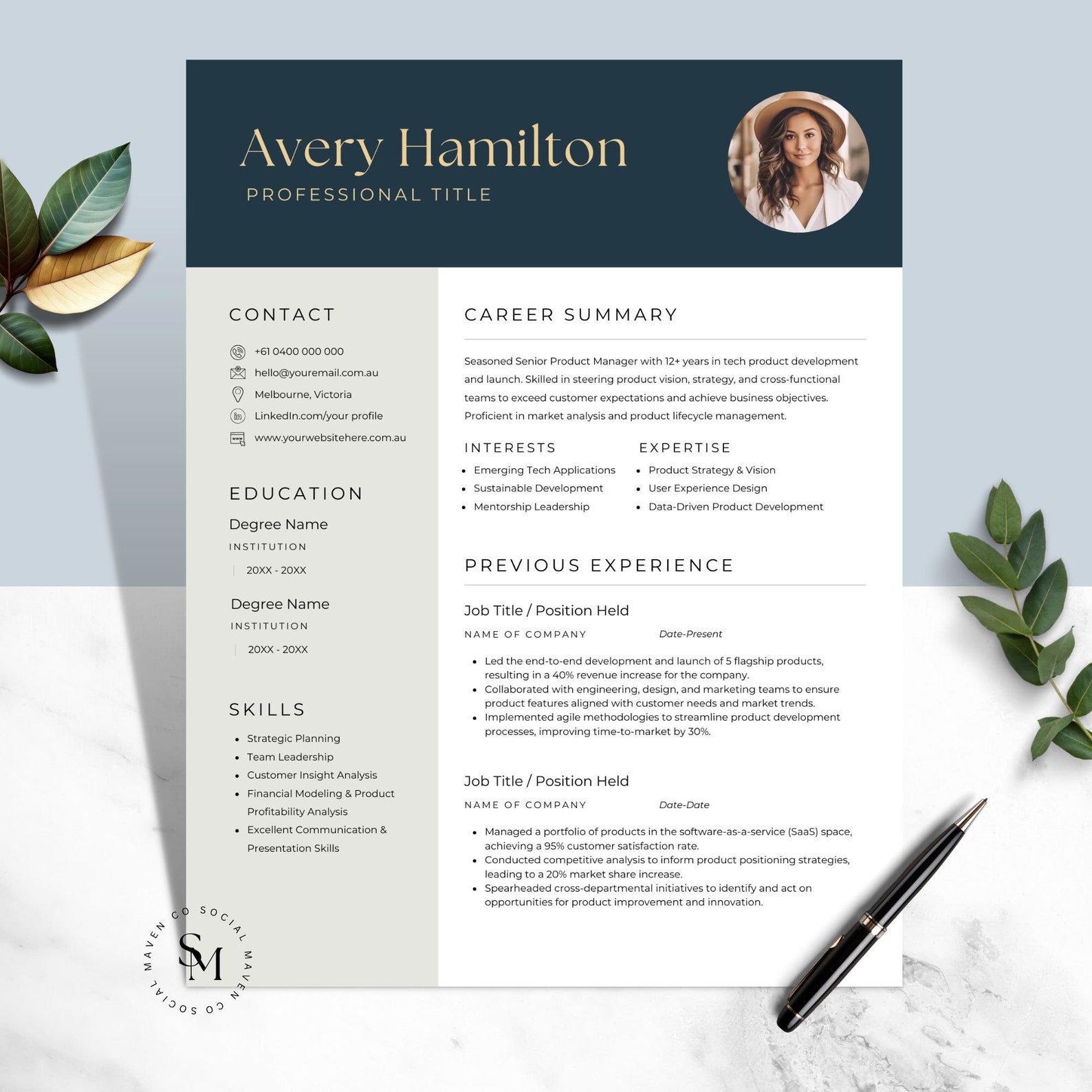 CV Template, Editable in Canva, 1 Page CV Canva, Blue, Professional Resume Template, ATS ...