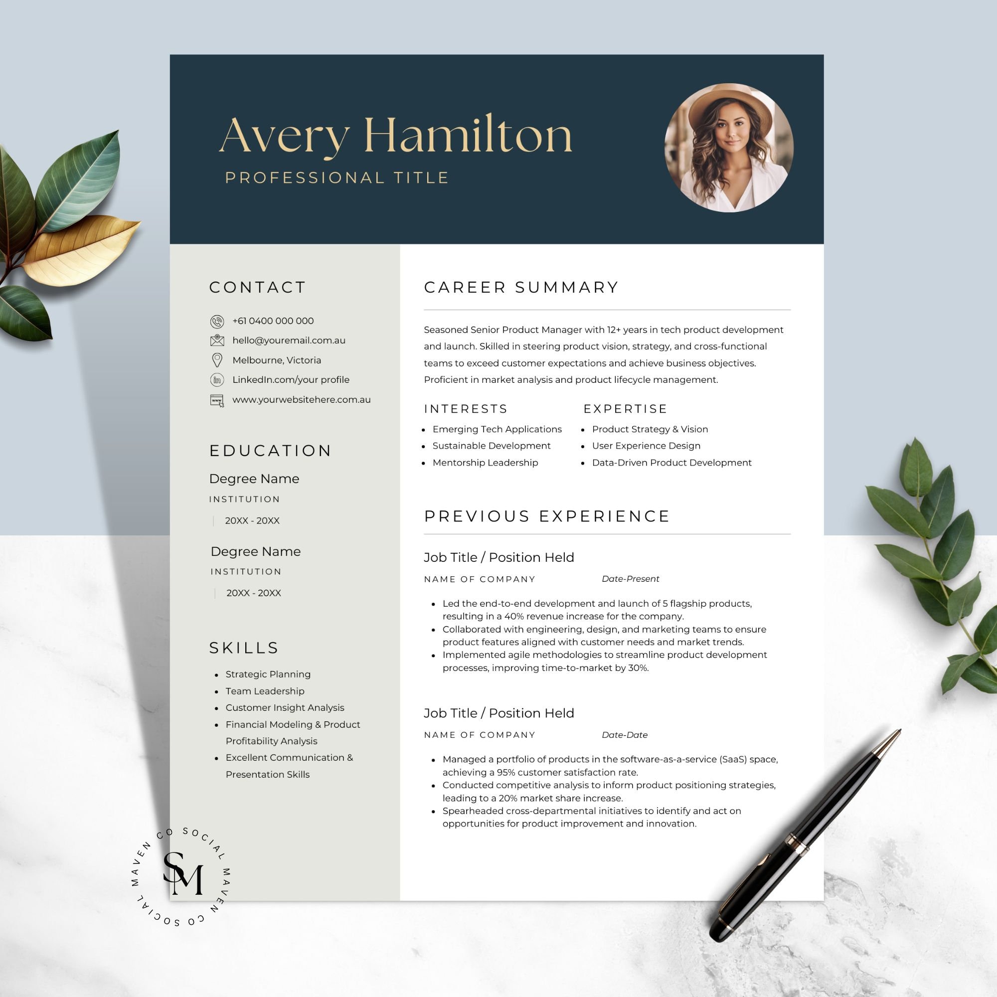 CV Template, Editable in Canva, 1 Page CV Canva, Blue, Professional ...