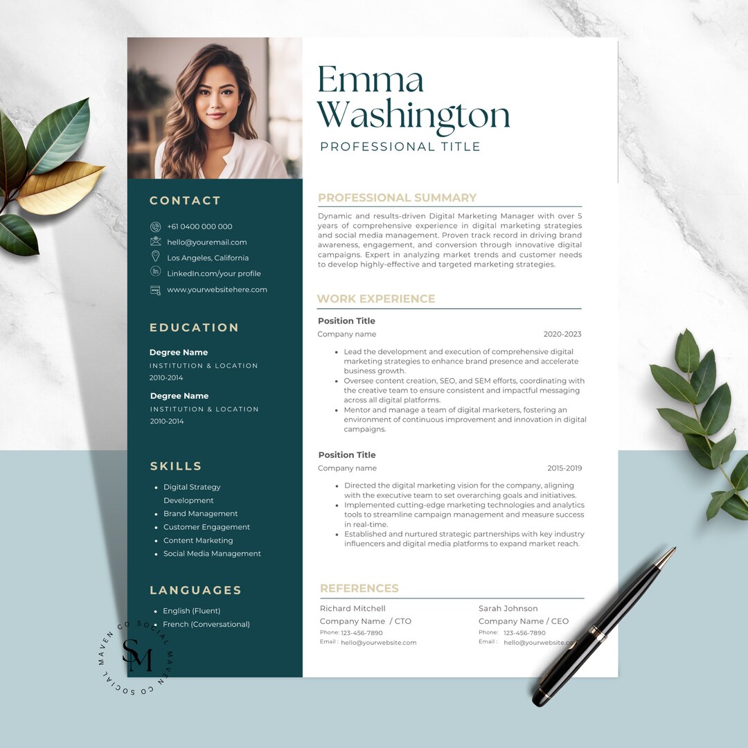 Professional Resume Template Bundle, Teal Green, Cover Letter, ATS ...