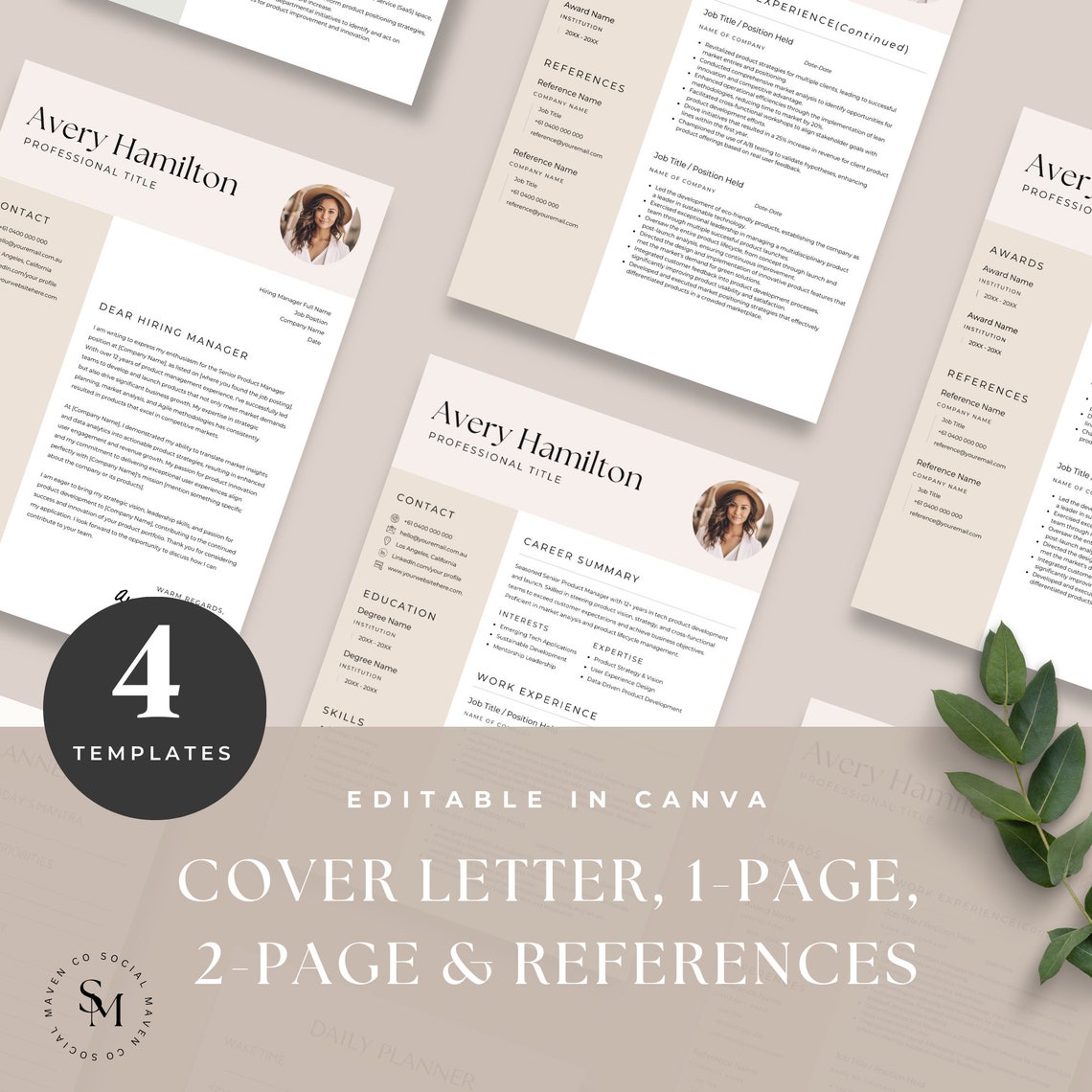 CV Template, Editable in Canva, 1 Page CV Canva, Beige, Professional Resume Template, ATS ...
