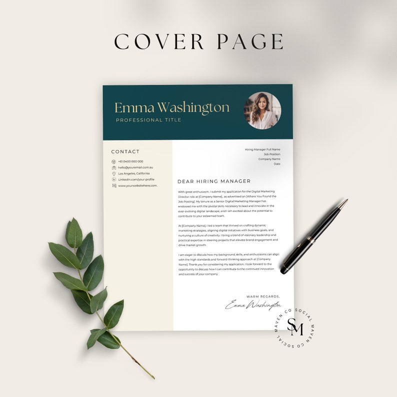 CV Template, Editable in Canva, 1 Page CV Canva, Teal, Professional ...