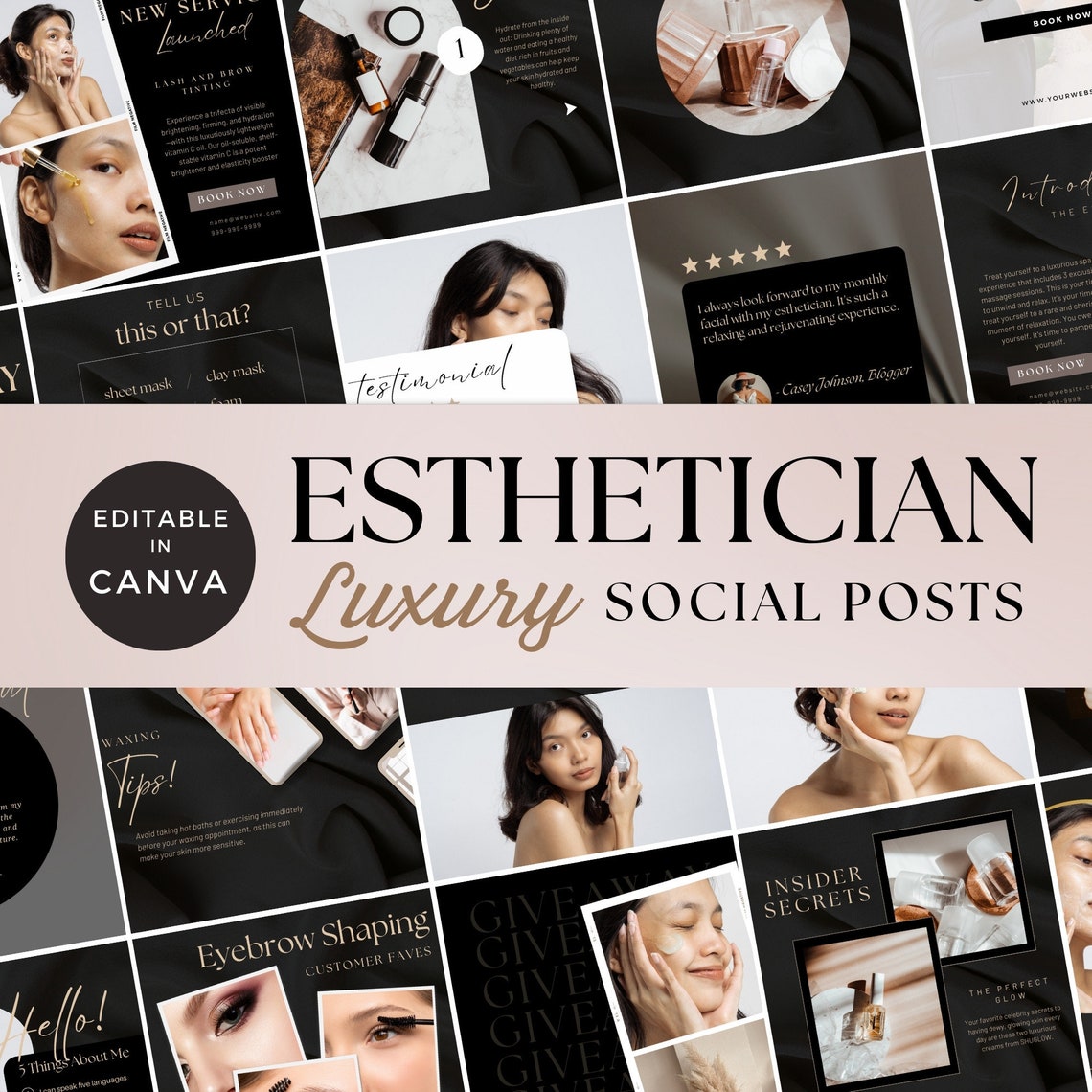 Esthetician Instagram Post Templates, Black & Gold, Esthetician Canva ...