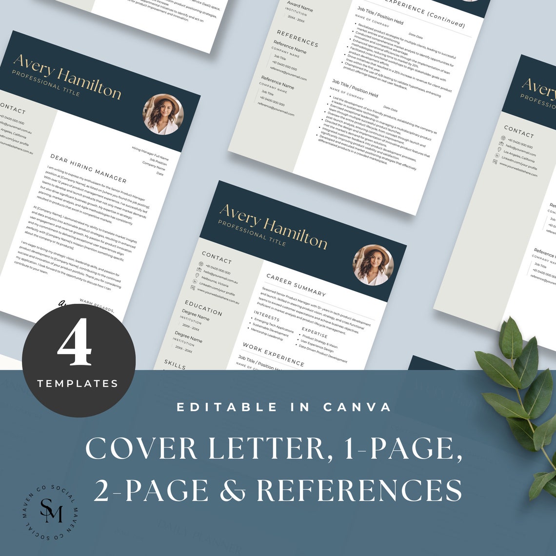 CV Template, Editable in Canva, 1 Page CV Canva, Blue, Professional ...