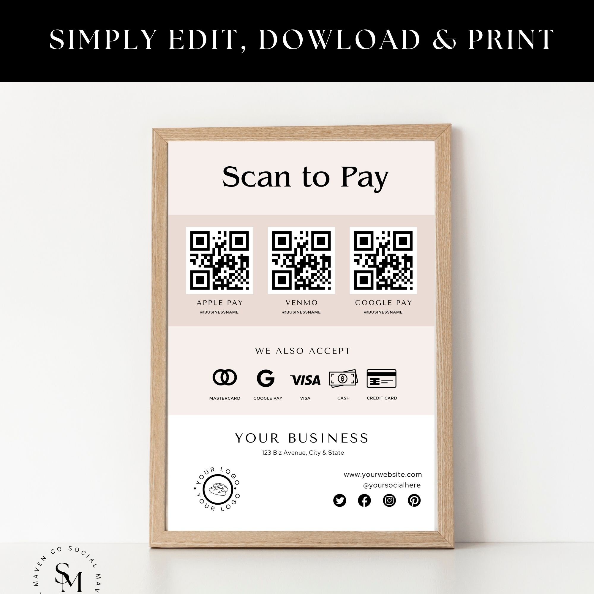 Scan to Pay Template, Qr Code Venmo Sign, Payment Sign Template, Small ...