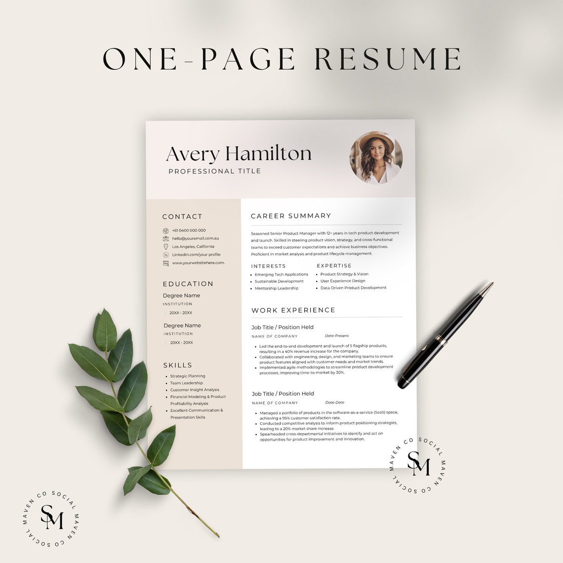 CV Template, Editable in Canva, 1 Page CV Canva, Beige, Professional ...