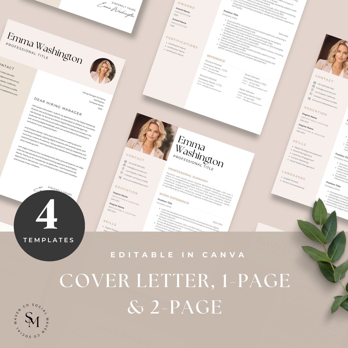 CV Template, Editable in Canva, 1 Page CV Canva, Beige, Professional Resume Template, ATS ...