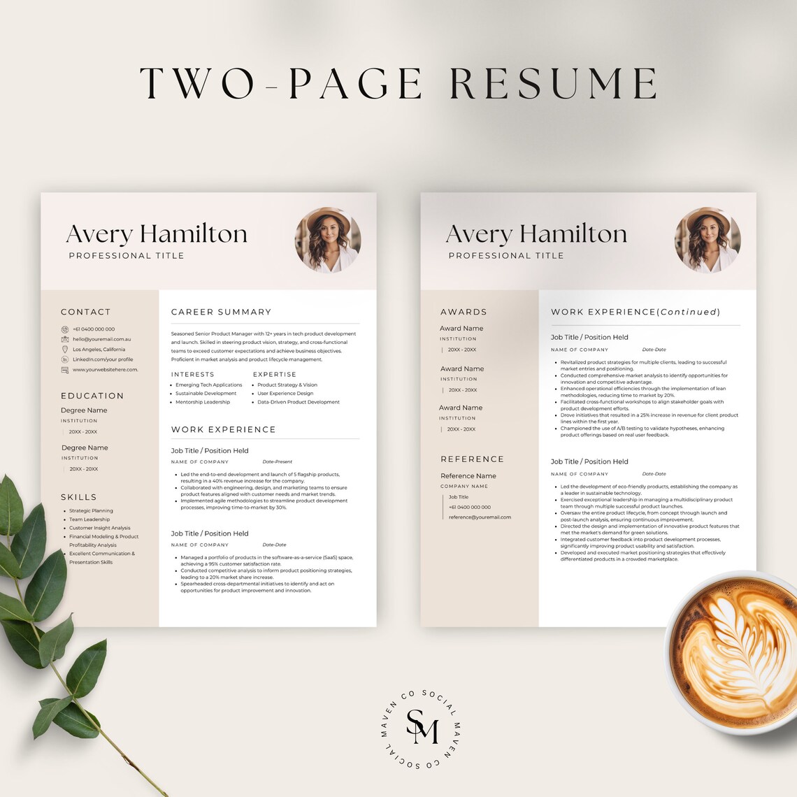 CV Template, Editable in Canva, 1 Page CV Canva, Beige, Professional ...