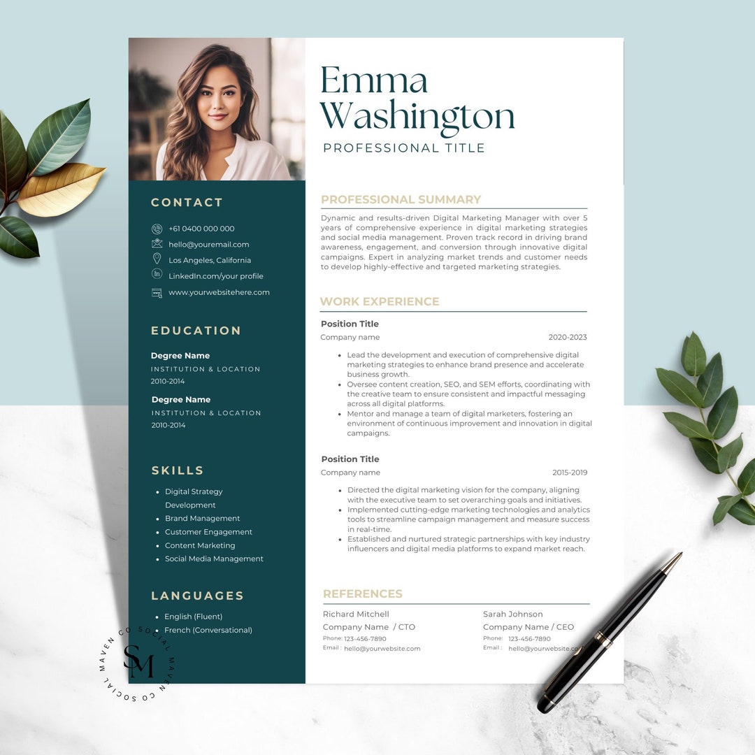 CV Template, Editable in Canva, 1 Page CV Canva, Teal, Professional Resume Template, ATS ...