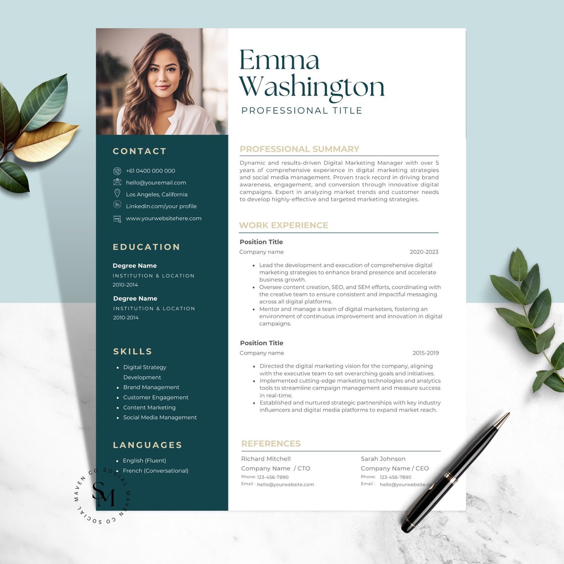 CV Template, Editable in Canva, 1 Page CV Canva, Teal, Professional ...