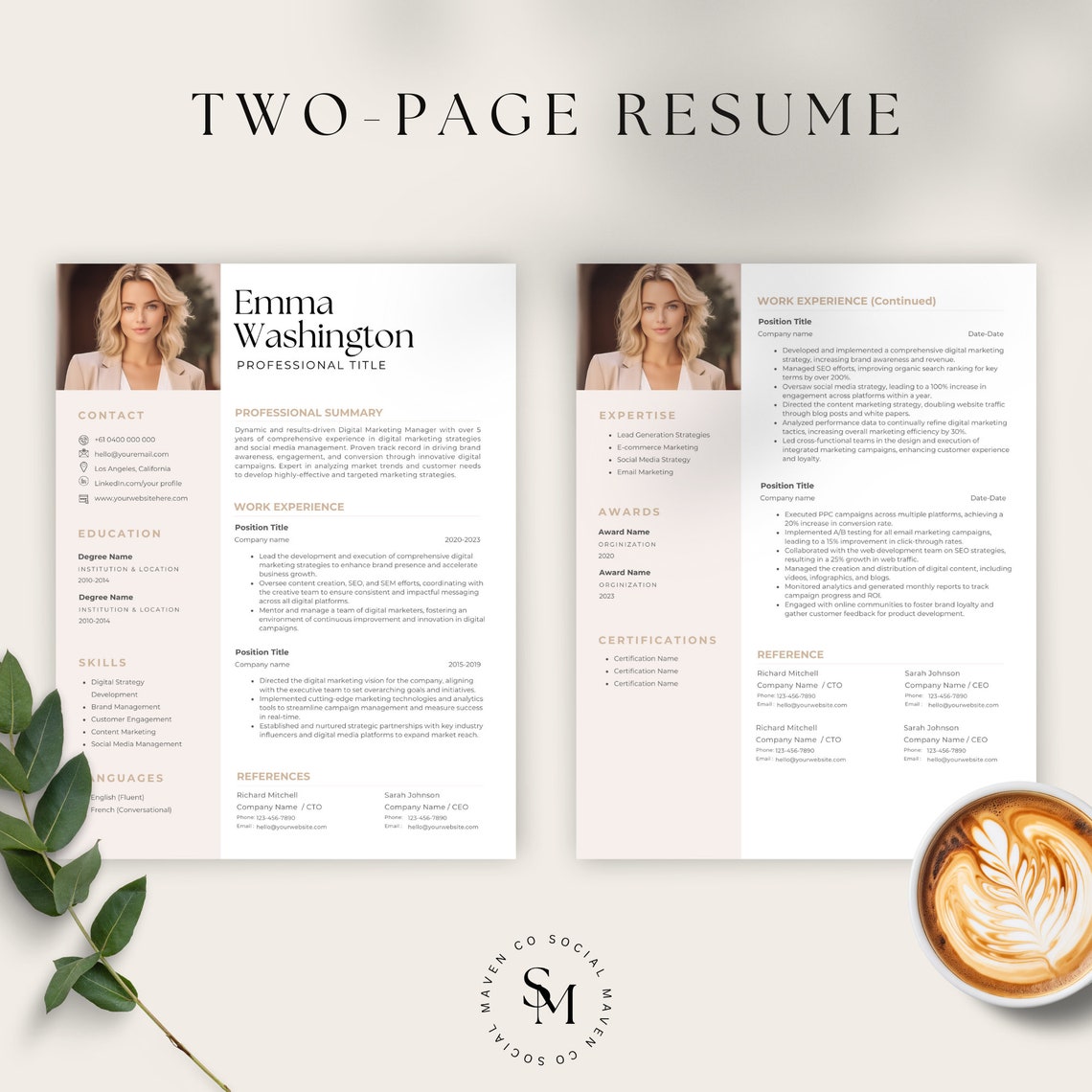 CV Template, Editable in Canva, 1 Page CV Canva, Beige, Professional ...