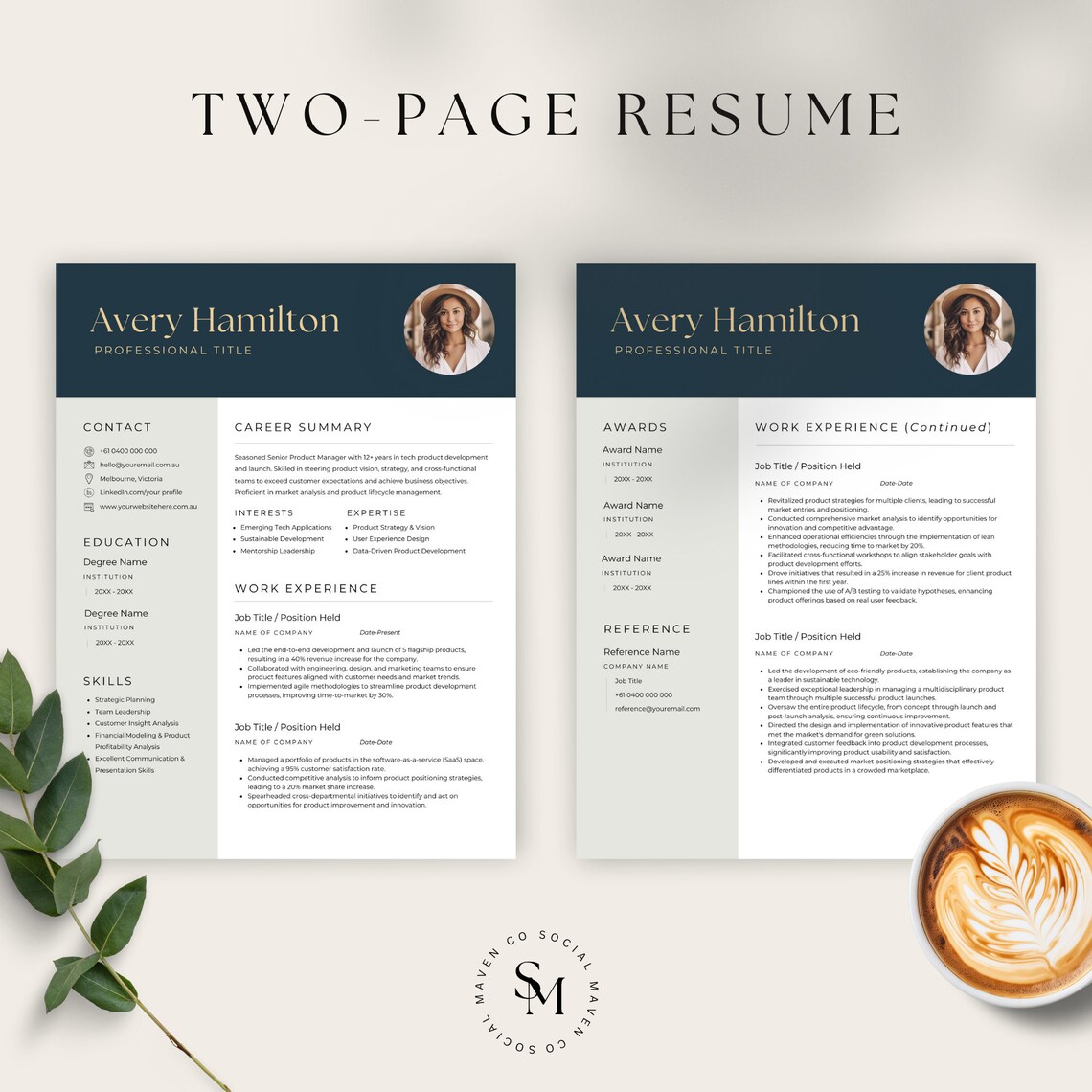 CV Template, Editable in Canva, 1 Page CV Canva, Blue, Professional ...