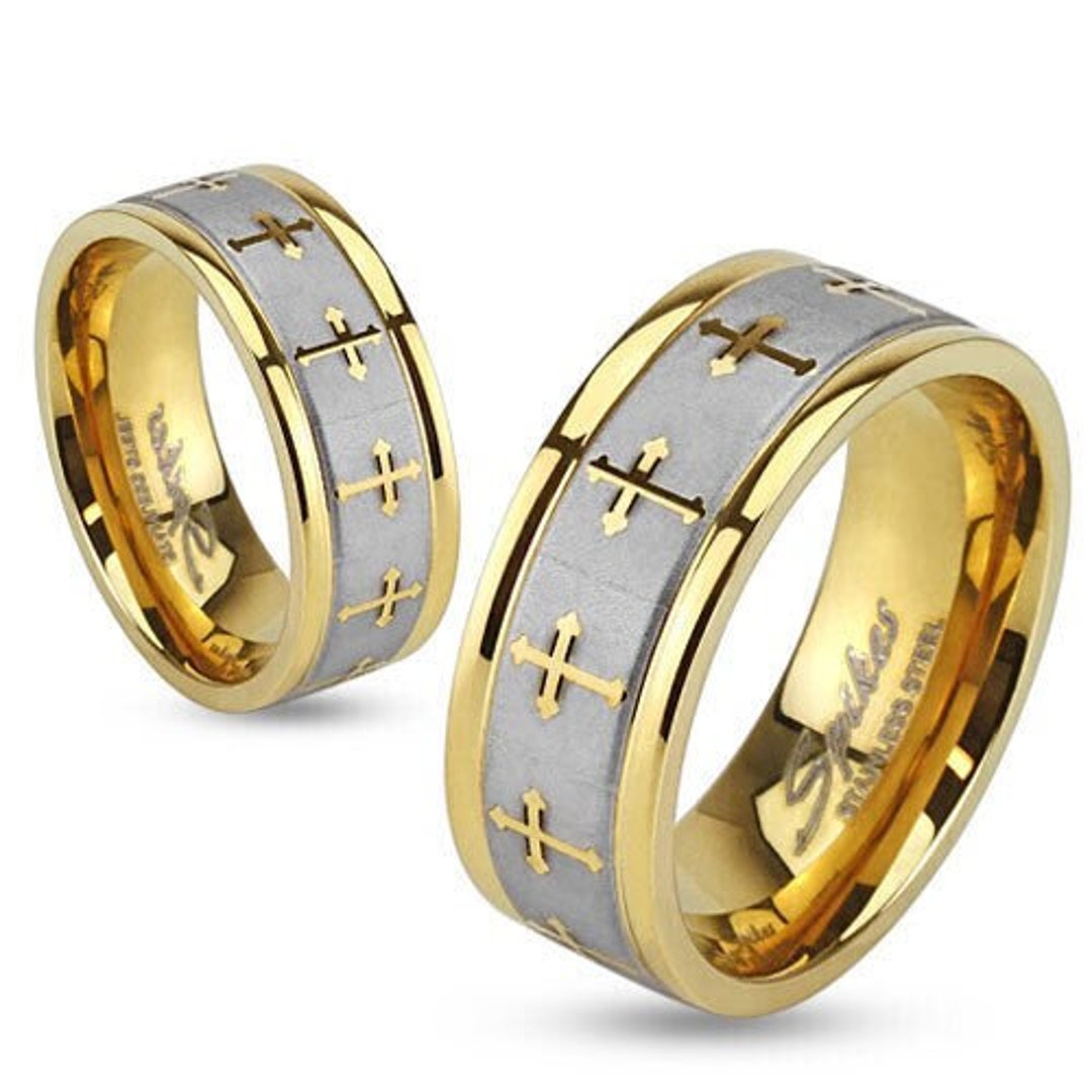 Cross Ring for Men, Christian Baptism Ring, Gold Plated Brushed Fancy ...