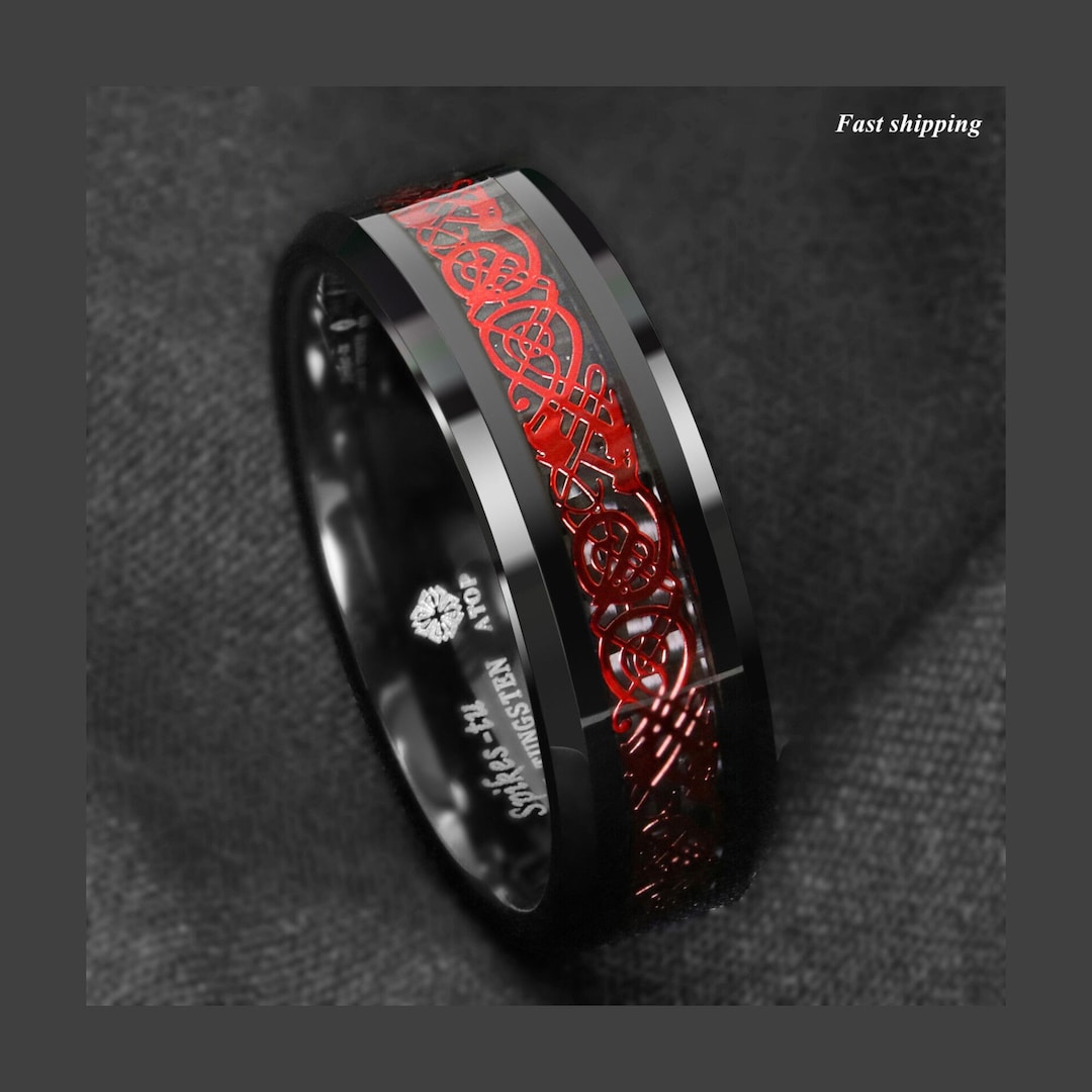 Red Dragon Ring, Tungsten Ring Men 6mm or 8mm, Wedding Band Mens Red ...