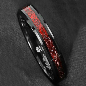 Red Dragon Ring, Tungsten Ring Men 6mm or 8mm, Wedding Band Mens Red ...