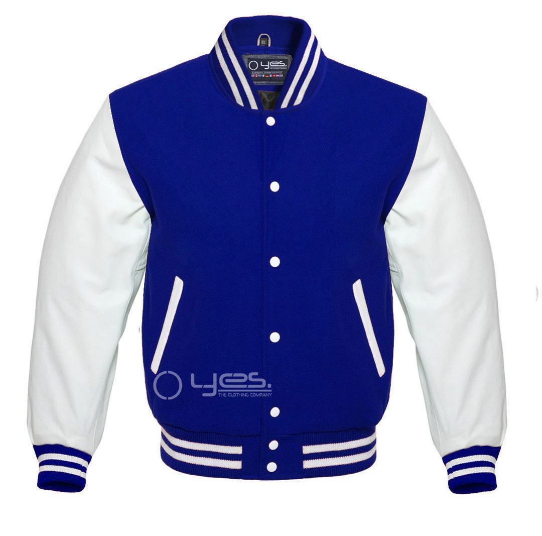 Varsity Jacket for Men Letterman Jacket Blue Wool & Real Leather White ...