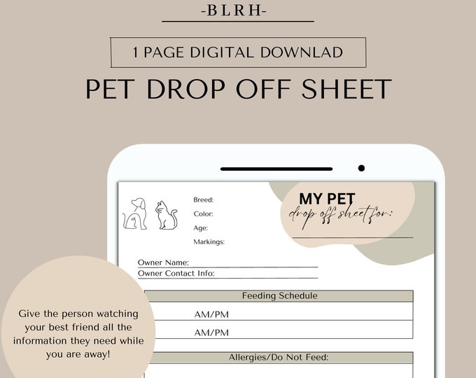 Digital Download Pet Drop off Sheet | Important Pet Information | Pet ...