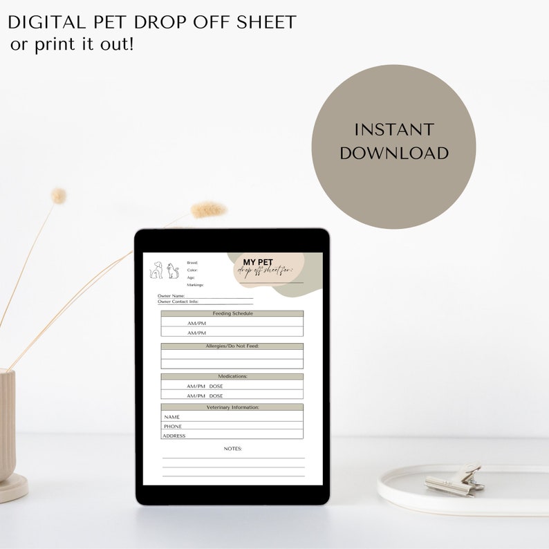Digital Download Pet Drop off Sheet Important Pet Information Pet ...