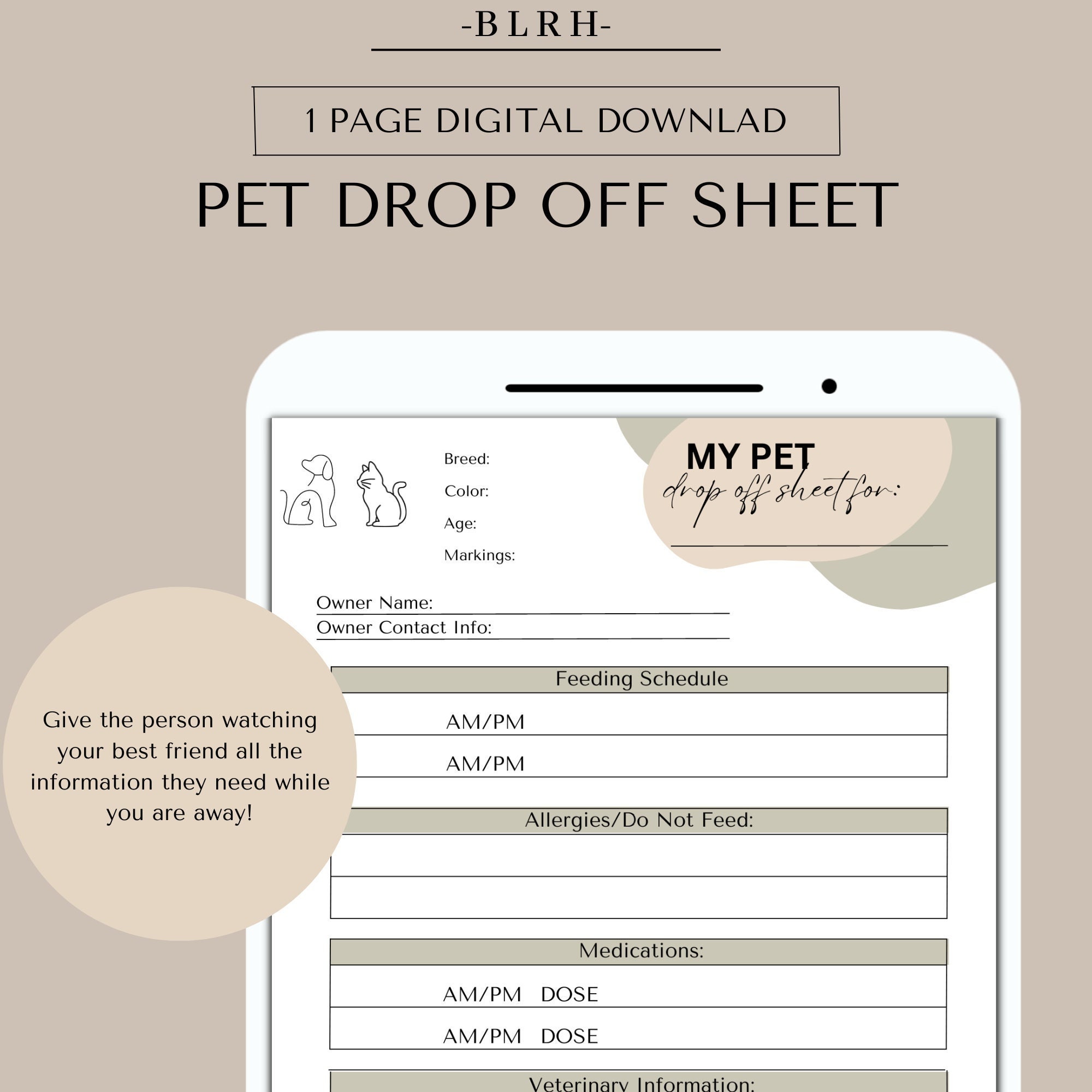 Digital Download Pet Drop off Sheet Important Pet Information Pet ...