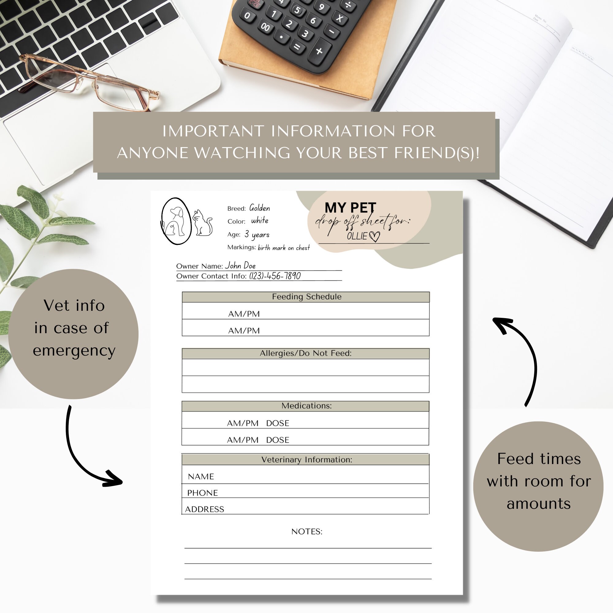 Digital Download Pet Drop off Sheet Important Pet Information Pet ...