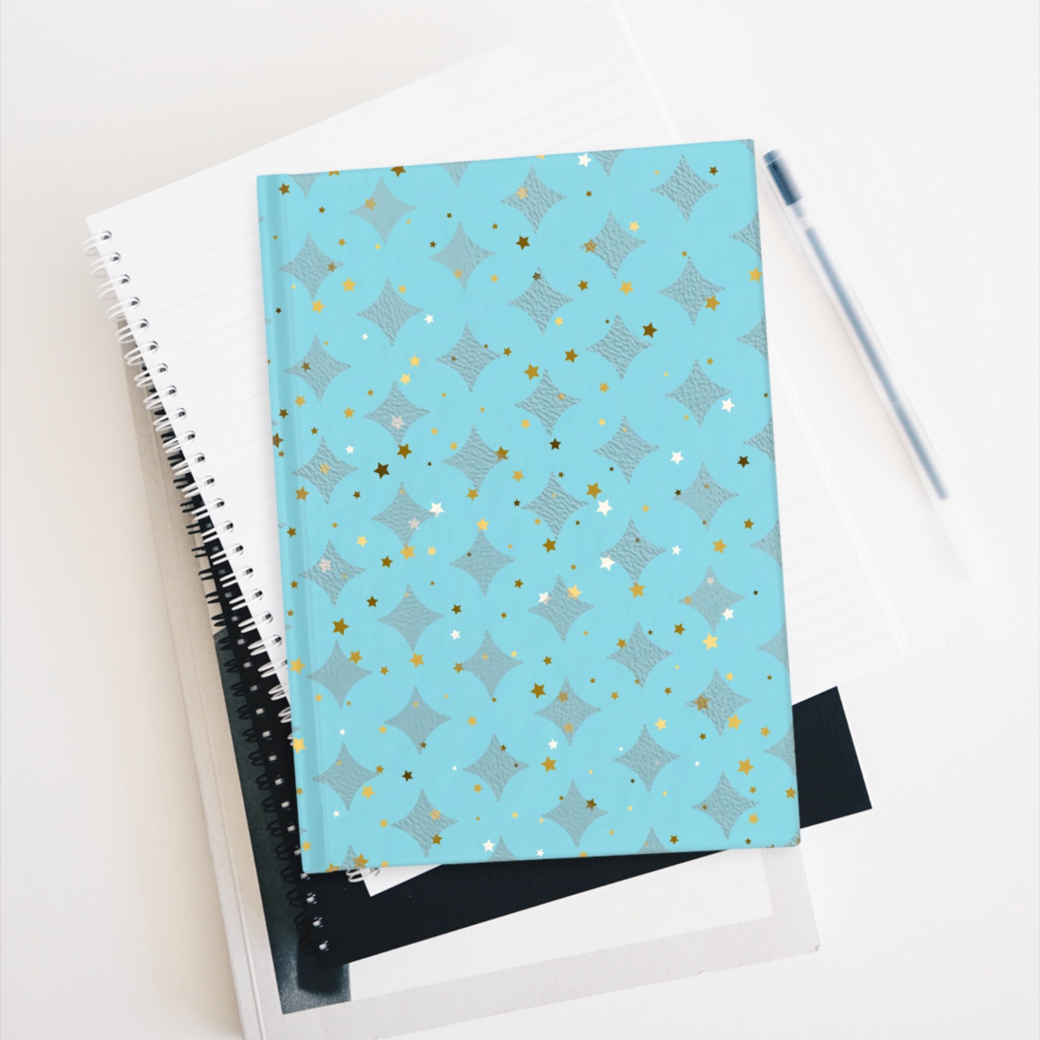 Gold Star Journal on Blue Background Ruled Line, Star Notebook, Star ...