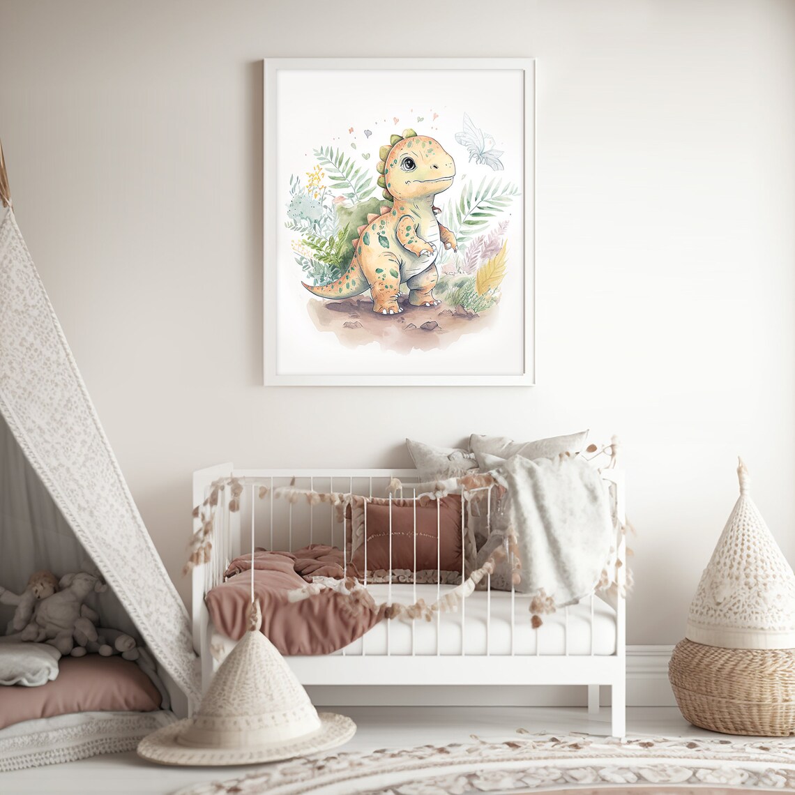 Cute Dino Print Watercolour and Mixed Media Style Digital Print Kids ...