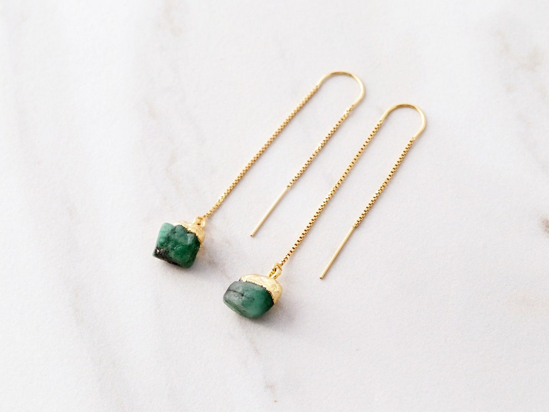 Emerald Threader Earrings - Natural Emerald Earrings, May Birthstone Earrings, Natural Gemstones ...