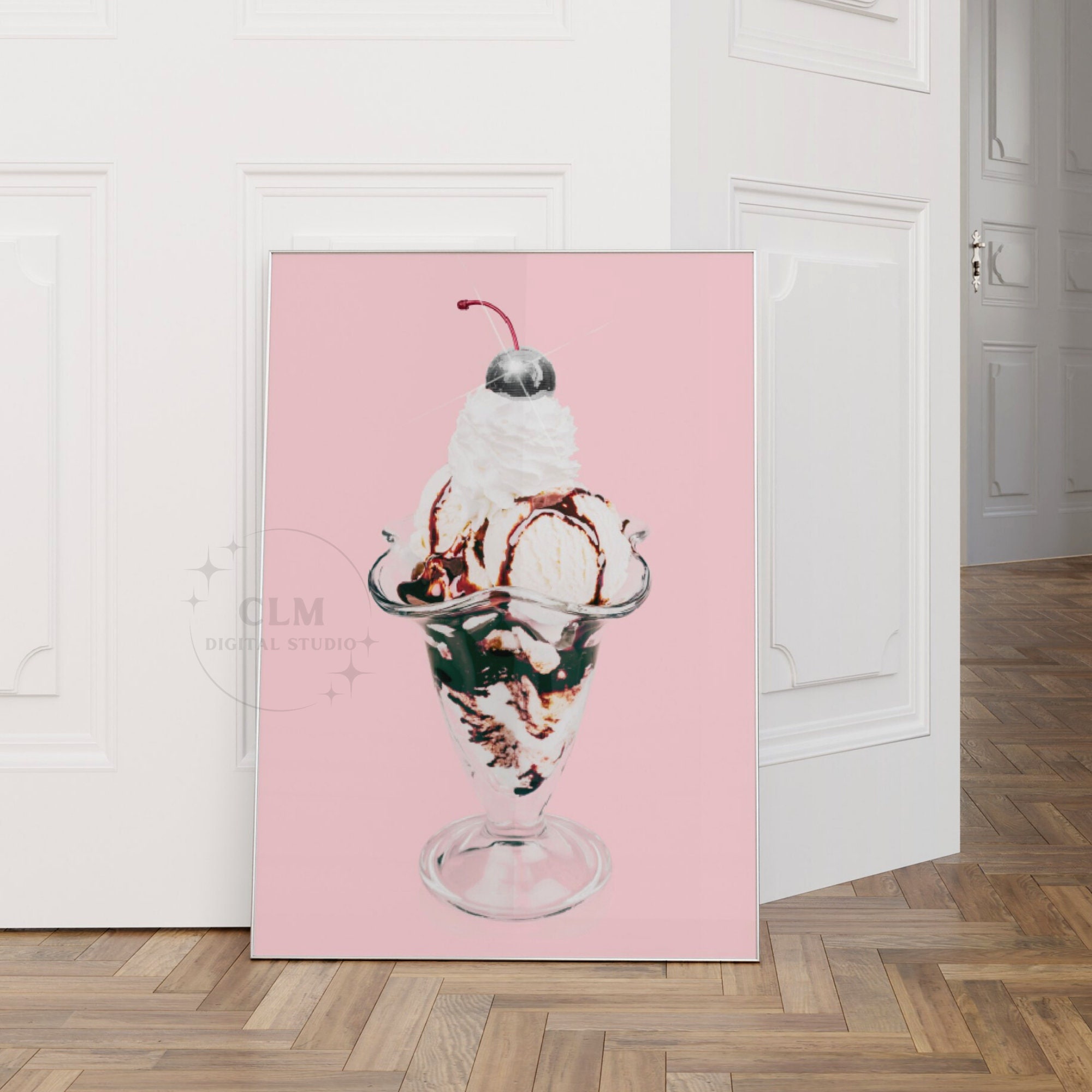 Disco Ball Ice Cream Sundae Digital Print, Preppy Retro Bar Cart ...