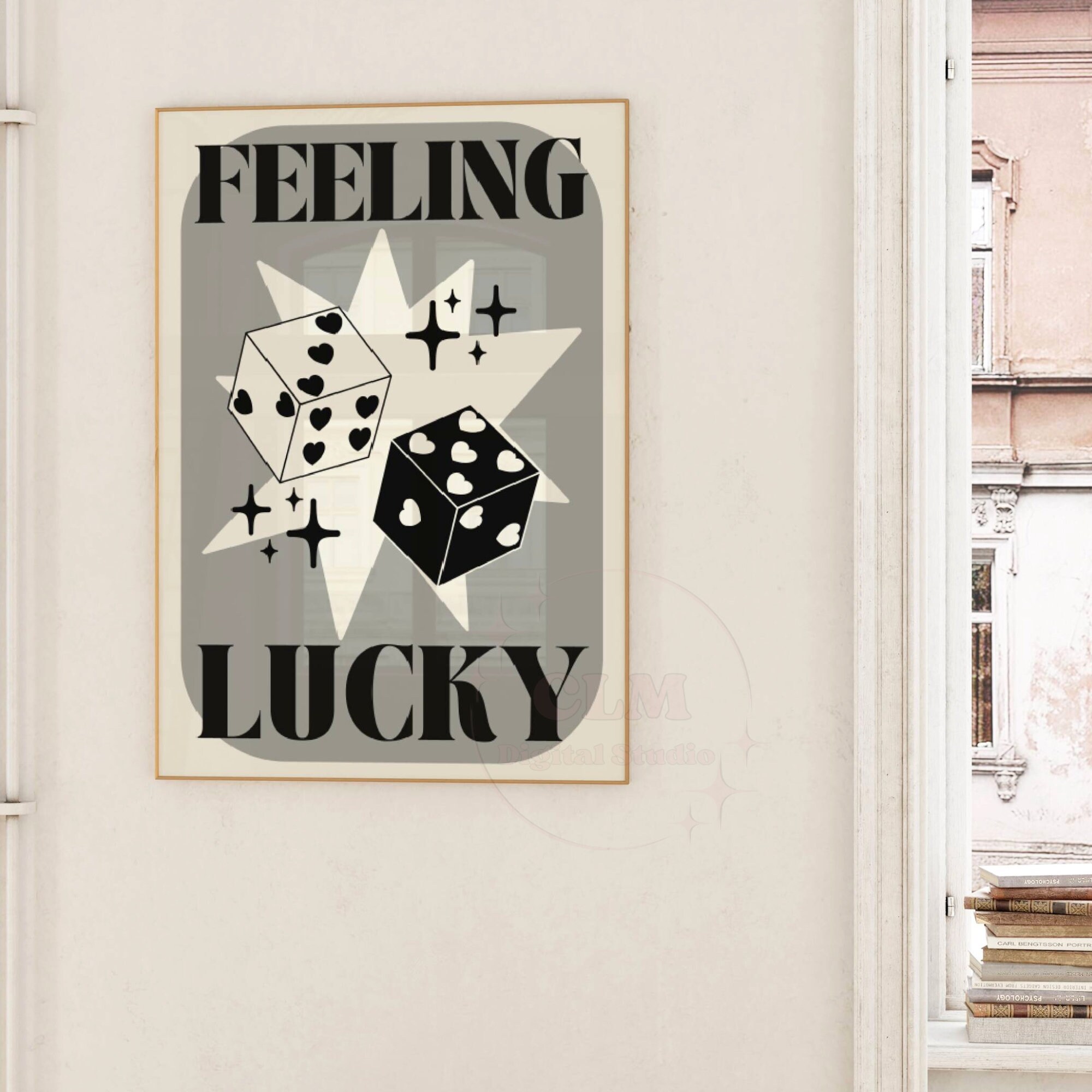 Feeling Lucky in Monotone Print, Preppy Retro Bar Cart Wall Art, Lucky ...