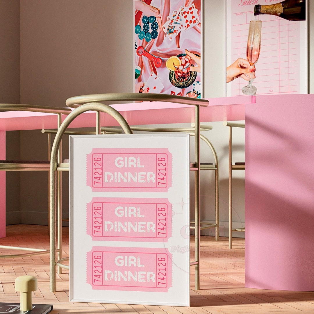 Girl Dinner Vintage Tickets in Pink Digital Print, Preppy Retro Bar ...