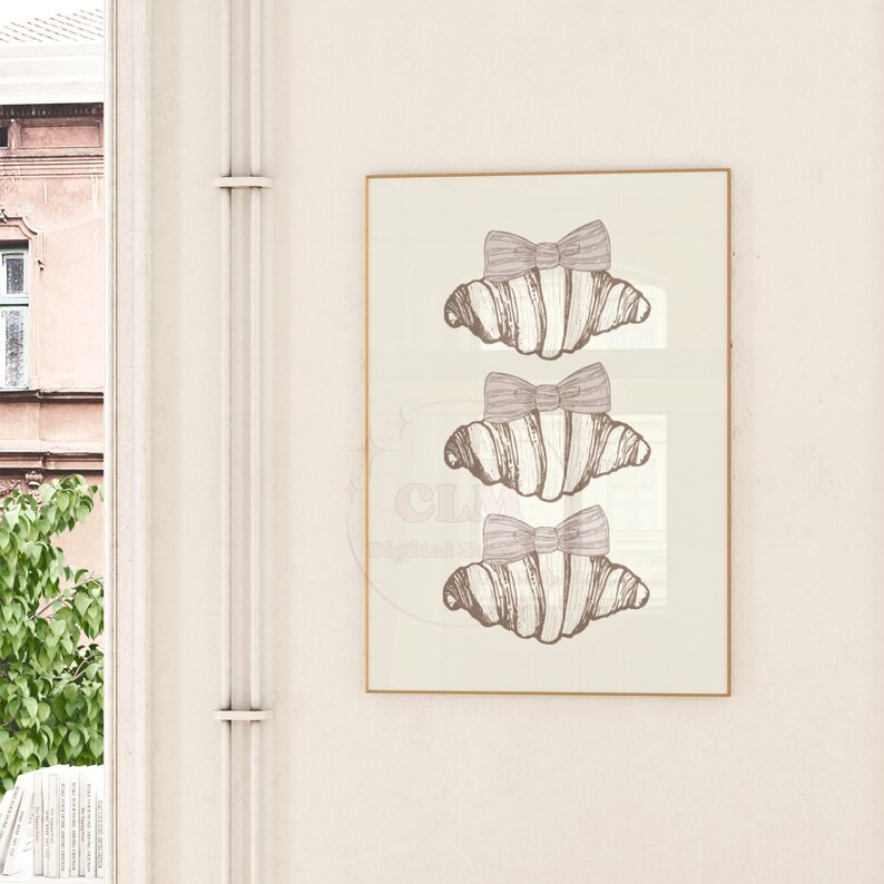 Hand Drawn Bows and Croissant Digital Print, Coquette Neutral Bow ...