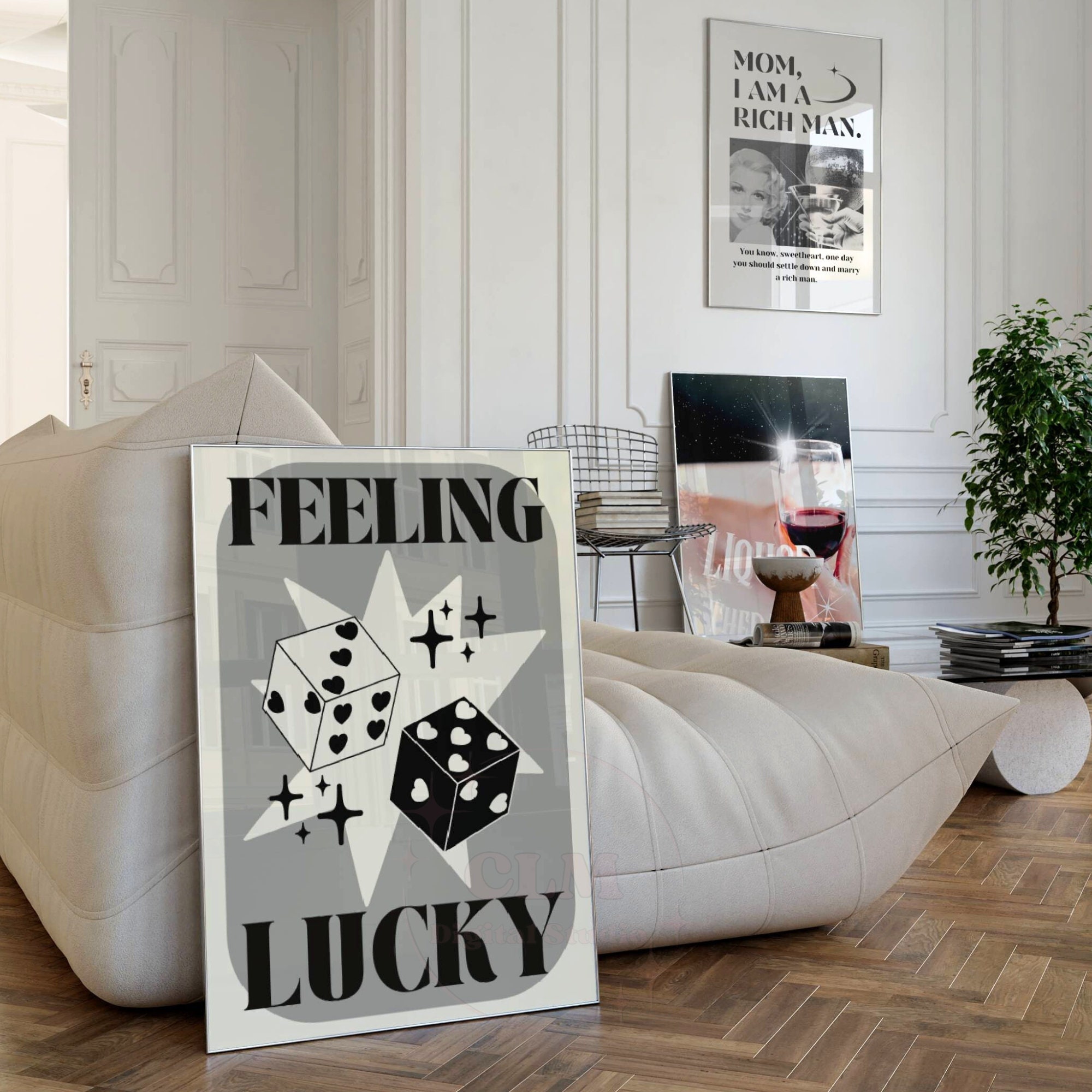 Feeling Lucky in Monotone Print, Preppy Retro Bar Cart Wall Art, Lucky ...