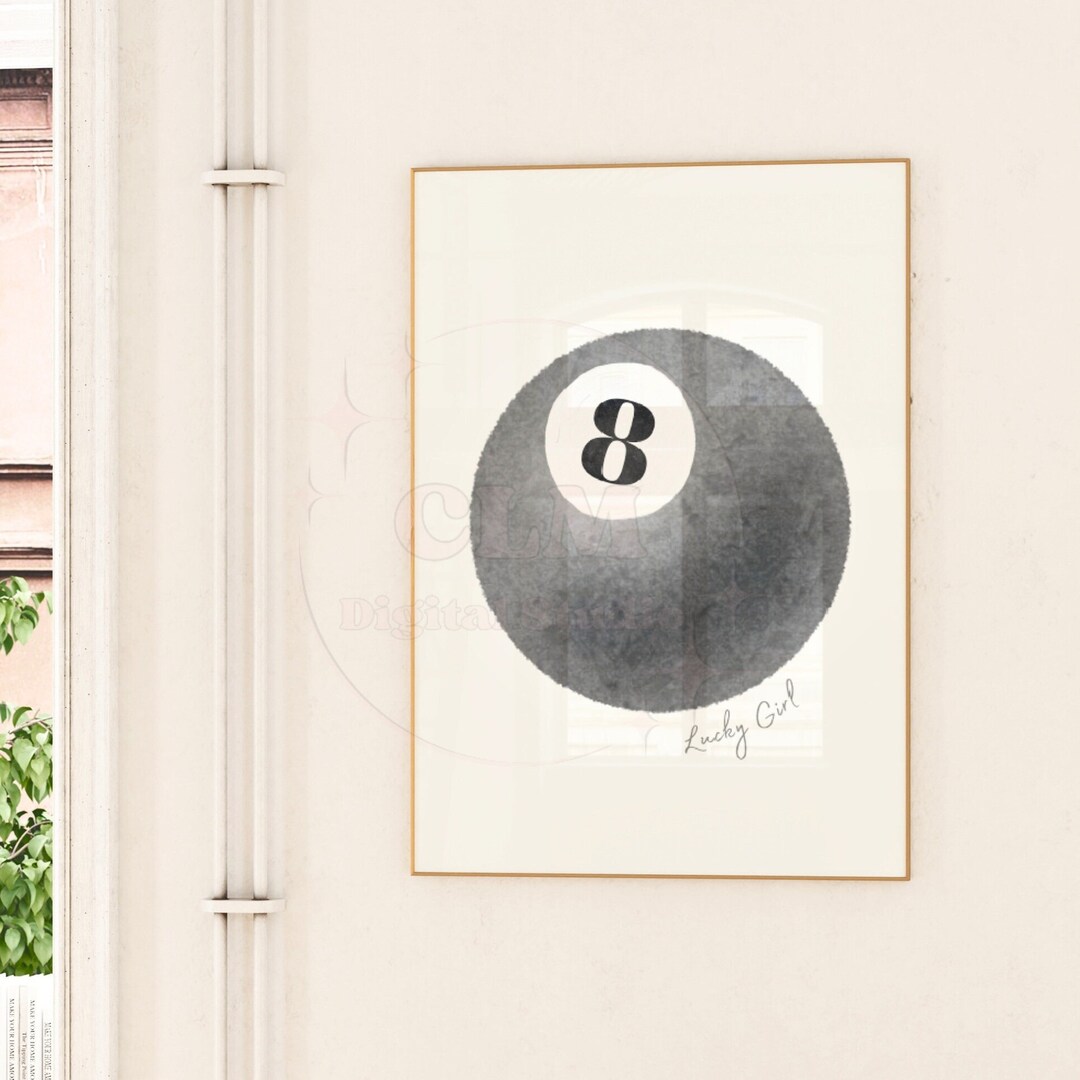 Watercolor Black Pool Ball Lucky Girl Typography Digital Print, Y2K ...