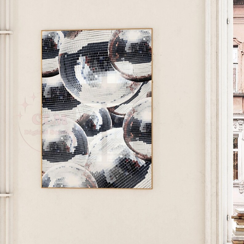 Disco Balls Digital Print, Preppy Retro Bar Cart Wall Art L, Funky ...
