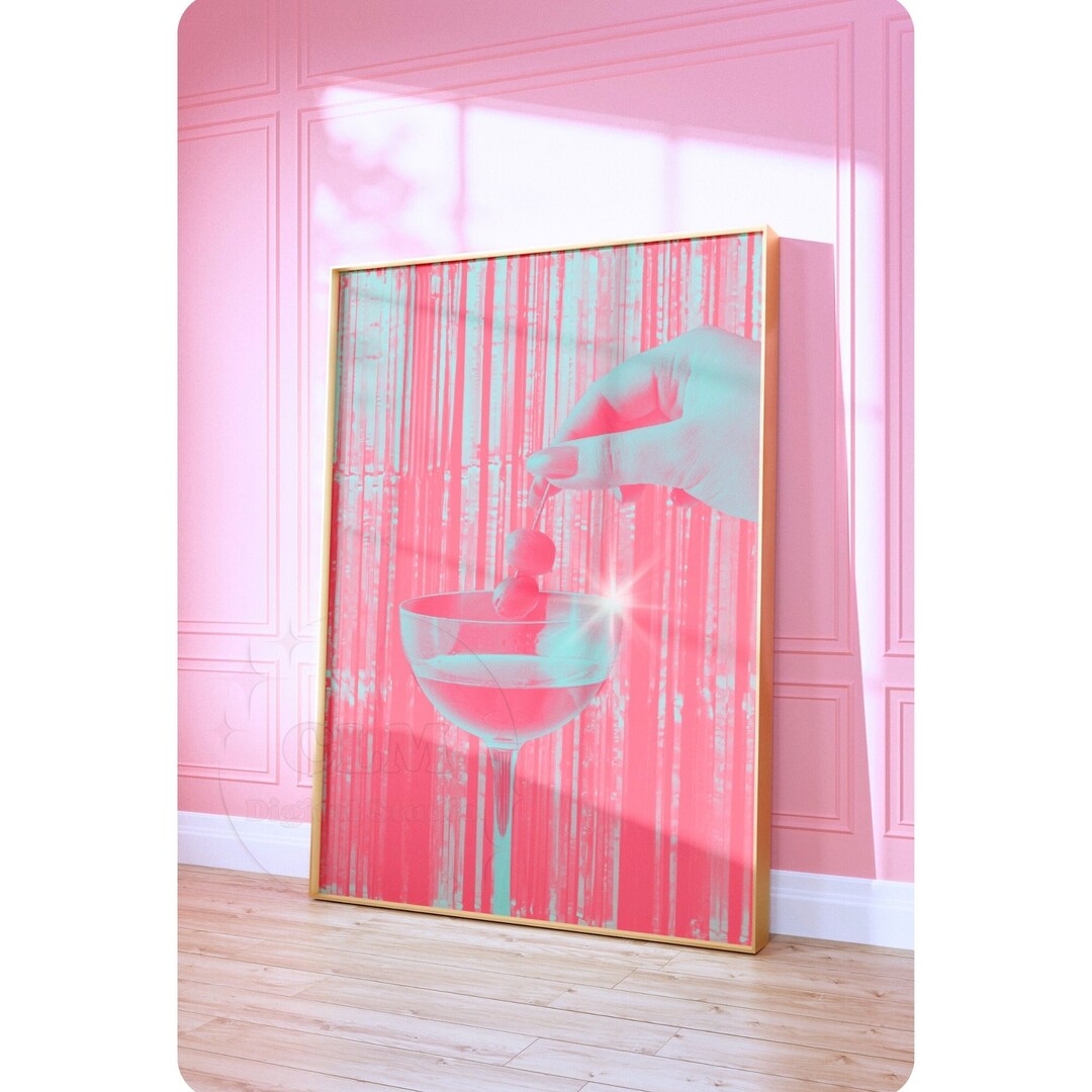 Preppy Bar Cart Cocktail Wall Art, Trendy Neon Pink Dirty Martini ...